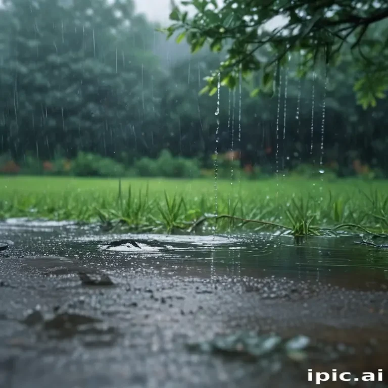 Peaceful Rainfall Creating Ripples on a Calm Garden Landscape