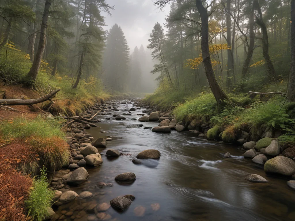 Tranquil Forest Scene Featuring a Misty Stream Flowing Through Tall Trees