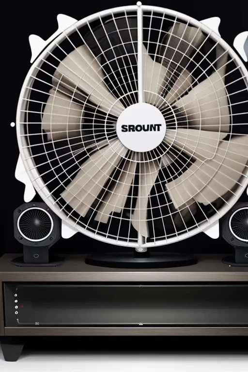 Stylish Room Setup Featuring a Modern Fan and Sleek Speakers