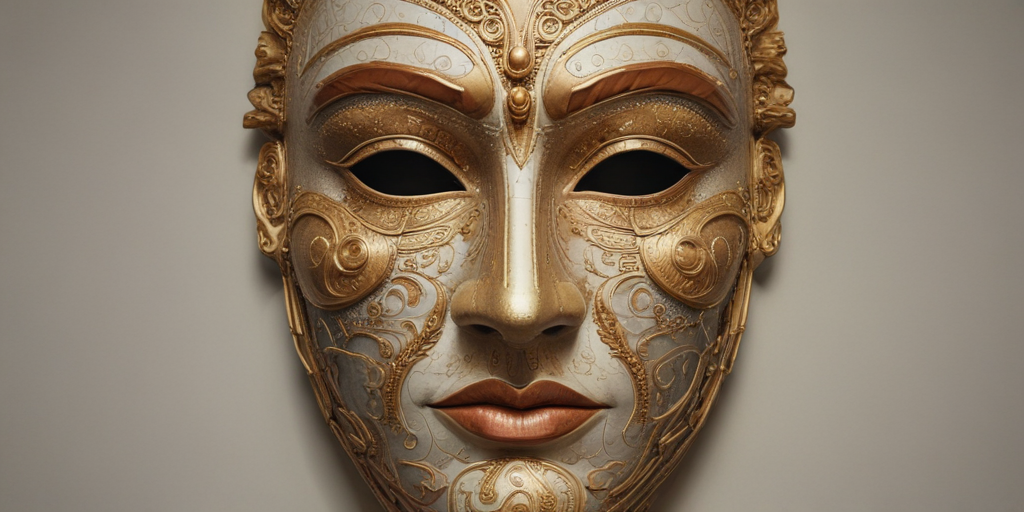 Intricate Decorative Mask with Golden Filigree and Elegant Facial Features