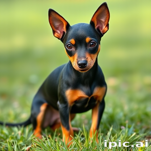 A Playful Black and Tan Miniature Pinscher Sitting in a Green Field