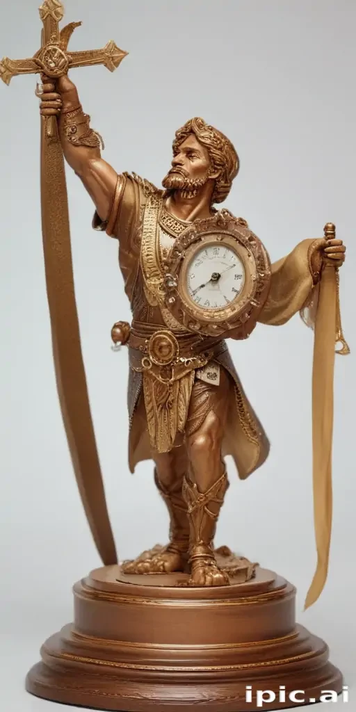 Majestic Bronze Statue of a Warrior Holding a Clock and Cross