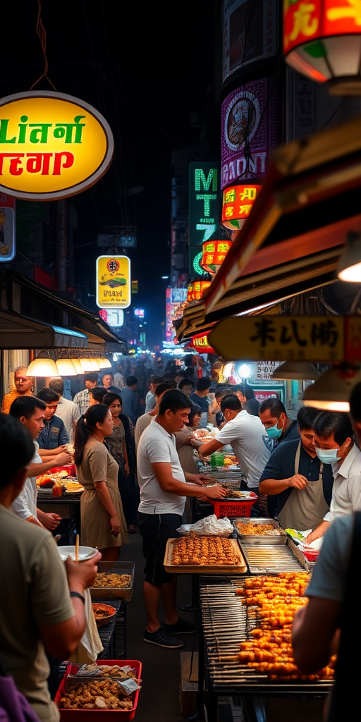 Vibrant Night Market Scene Filled with Delicious Street Food and Customers