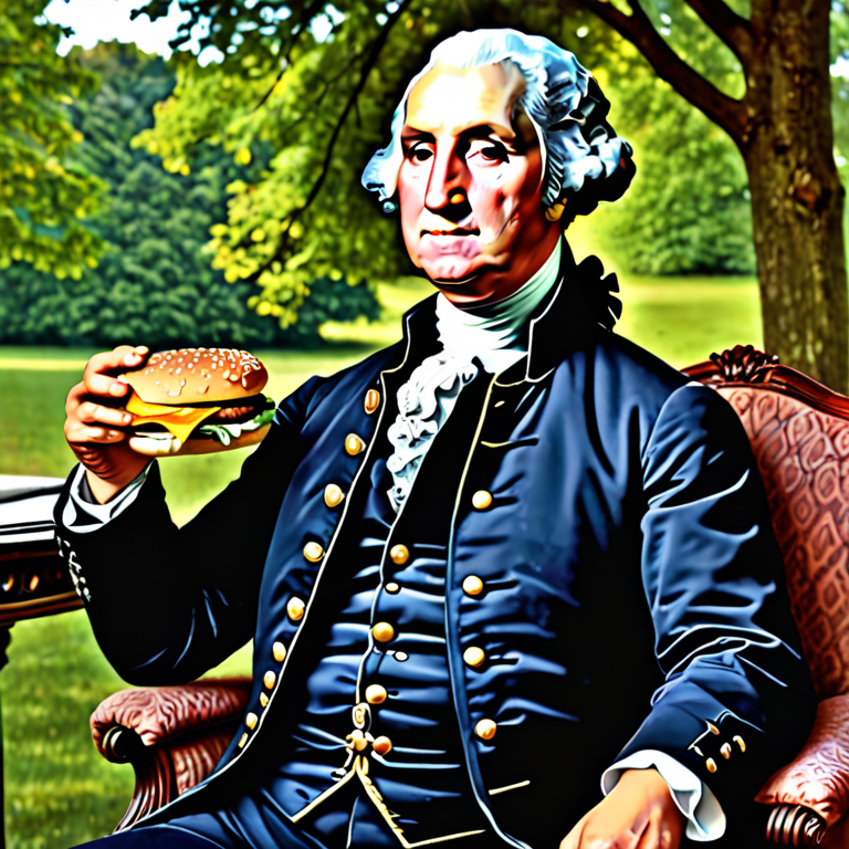 george washington in a kia eating cheeseburger