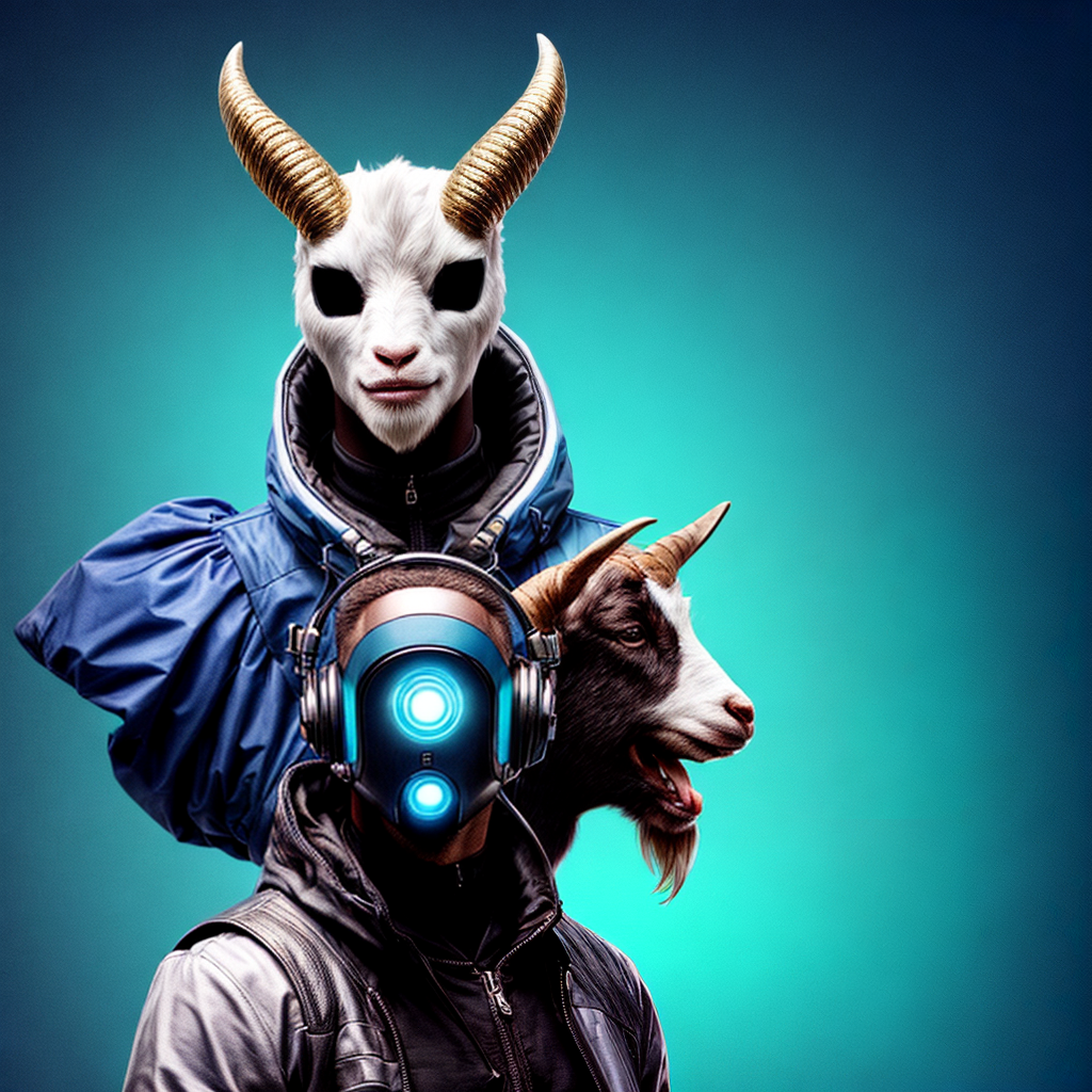 cyberpunk dj with goat mask/helmet, white cyan, profile pic