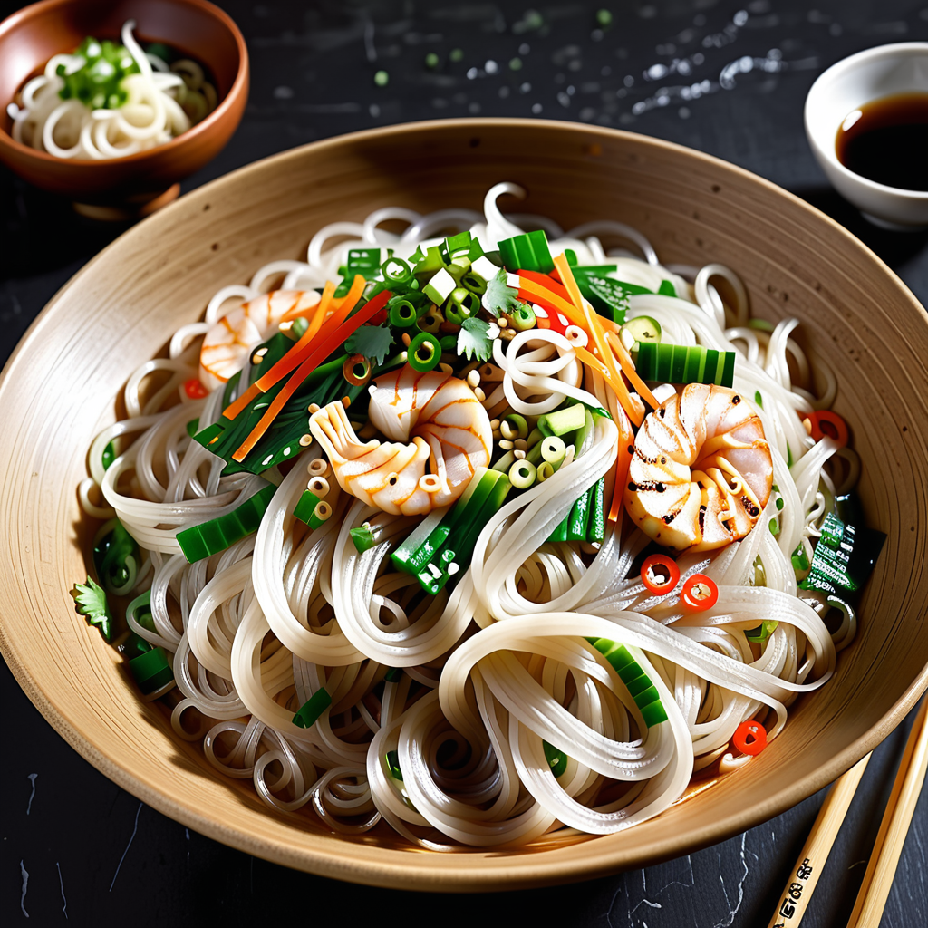 A Fresh and Colorful Bowl of Shrimp Noodle Salad with Herbs and Vegetables.