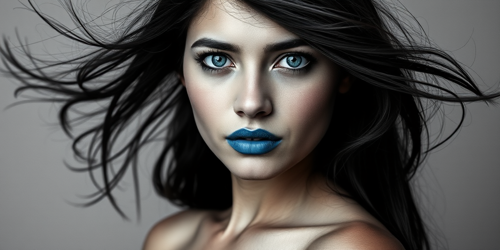 Captivating Portrait of a Model with Striking Blue Lips and Windswept Hair