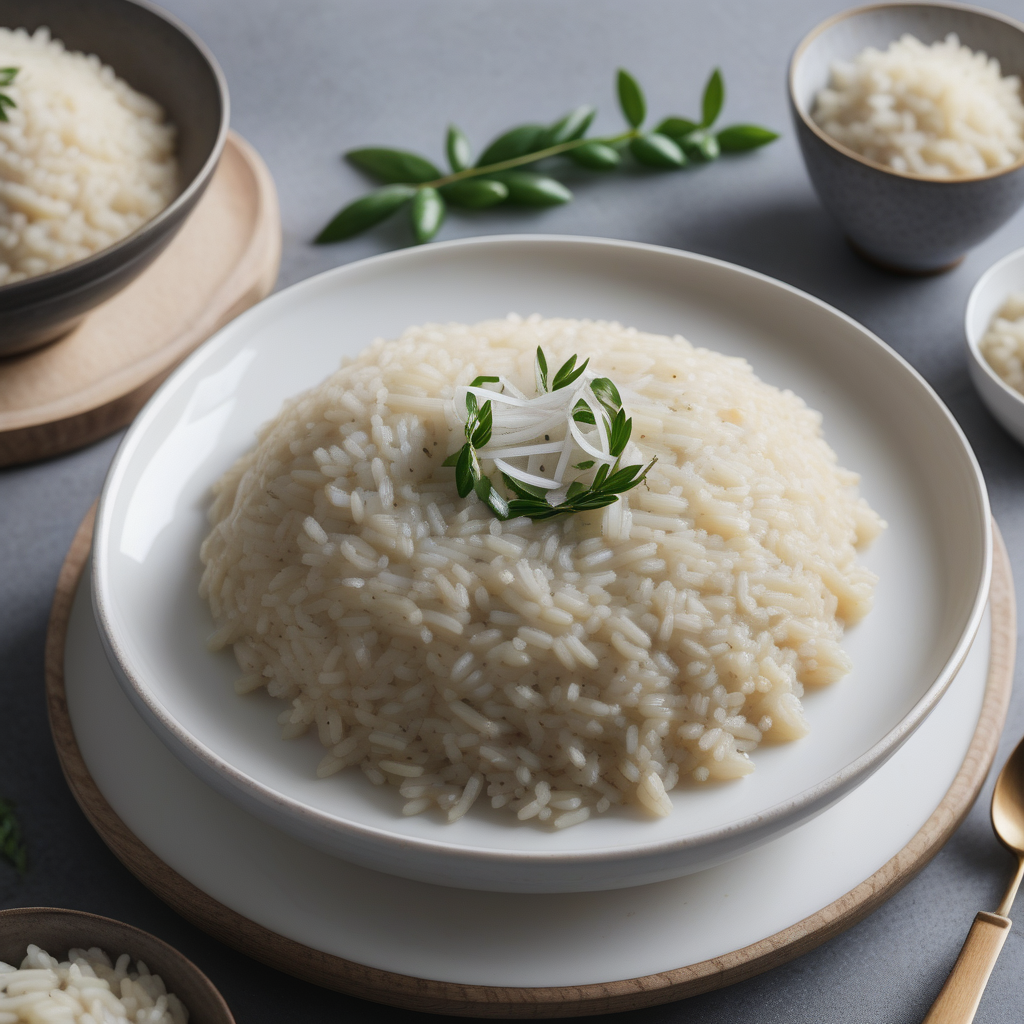 Deliciously Creamy Rice Dish Garnished with Fresh Herbs and Vegetables.
