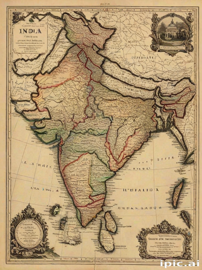 Historical Map of India Featuring Regions, Cities, and Geographic Details