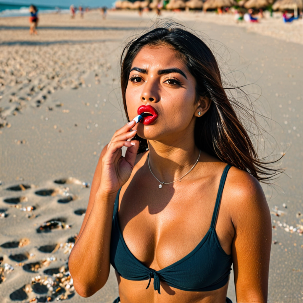 Mexican girlfriend on the beach pouting with her mouth