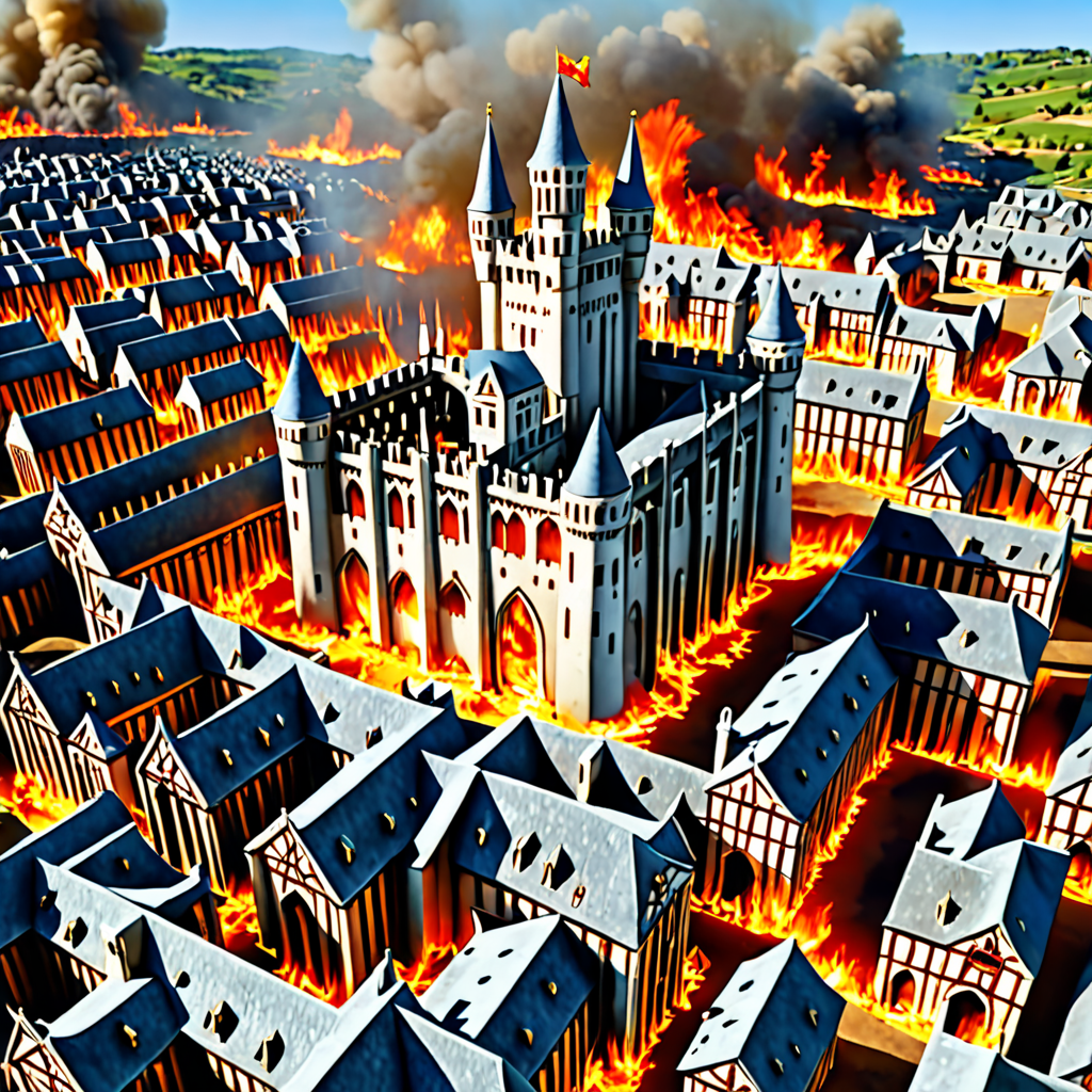 A medieval kingdom engulfed by flames. CGI style