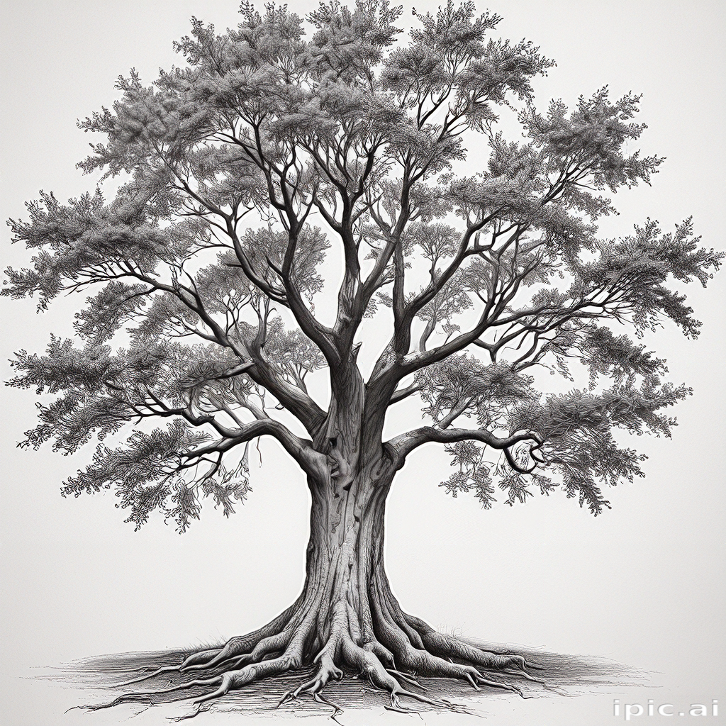 A Majestic Tree with Intricate Roots and Lush Foliage Against a Plain ...