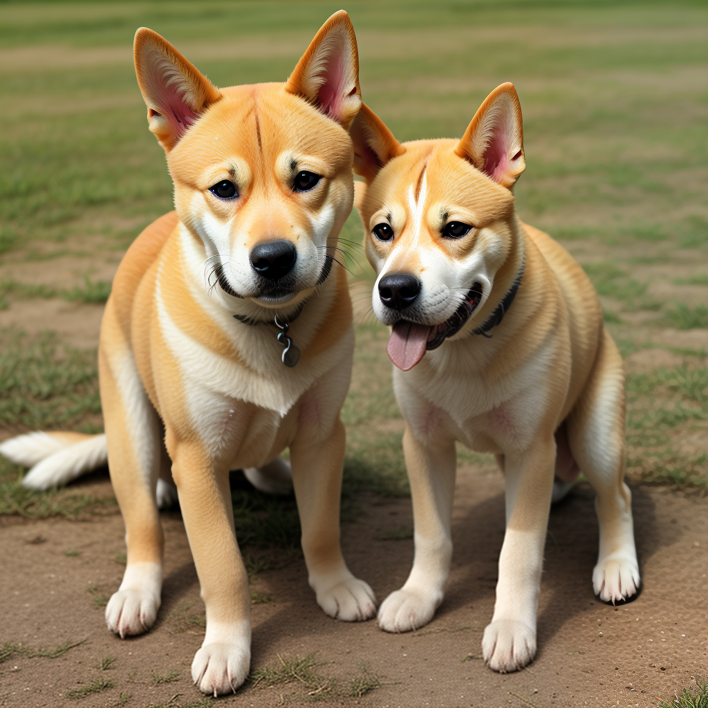 Two Playful Shiba Inu Dogs Enjoying a Sunny Day Outdoors Together.