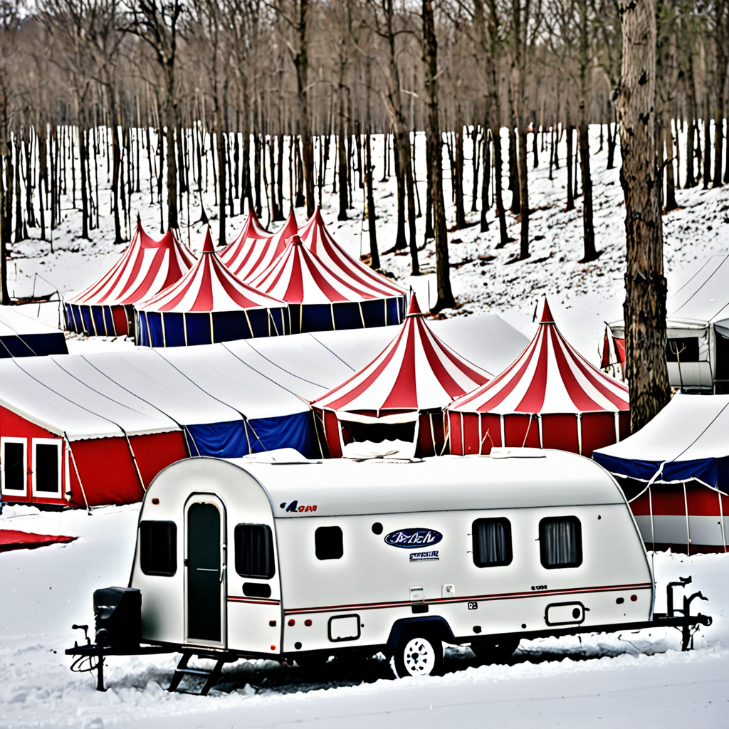 circus, wintering gounds, tent and trailers, winter