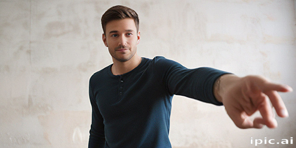 Confident Young Man Reaching Out with a Friendly Gesture in Studio