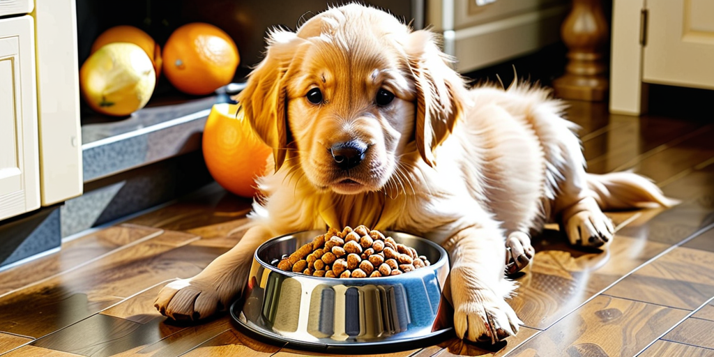 Adorable Golden Retriever Puppy Enjoying a Bowl of Delicious Kibble
