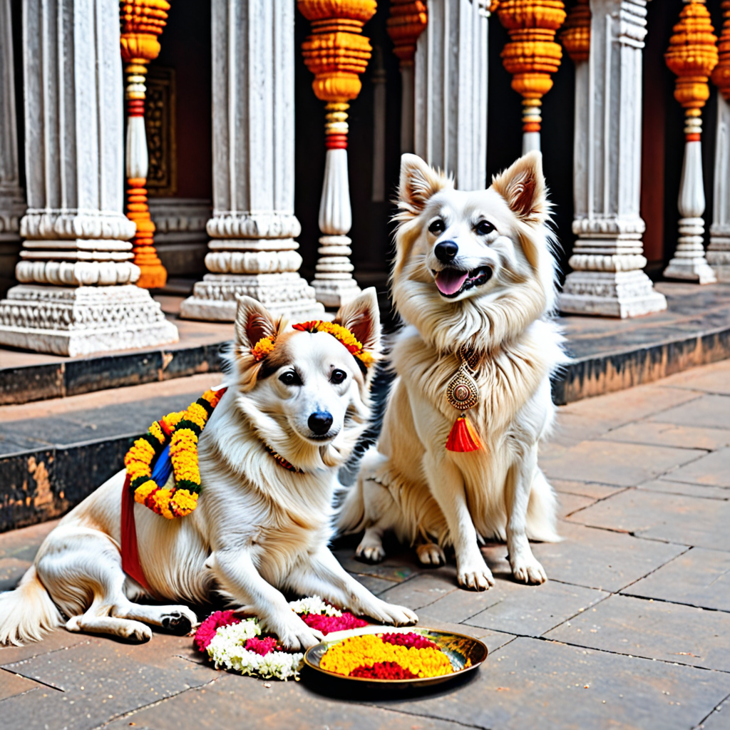 White Indian Spitz dog in hindu temple praying to lord Shiva