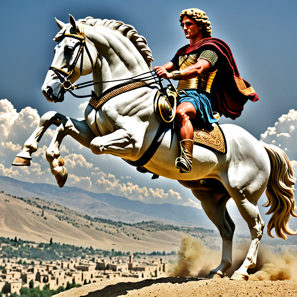 realistic picture of Alexander the Great riding boukefalaw horse