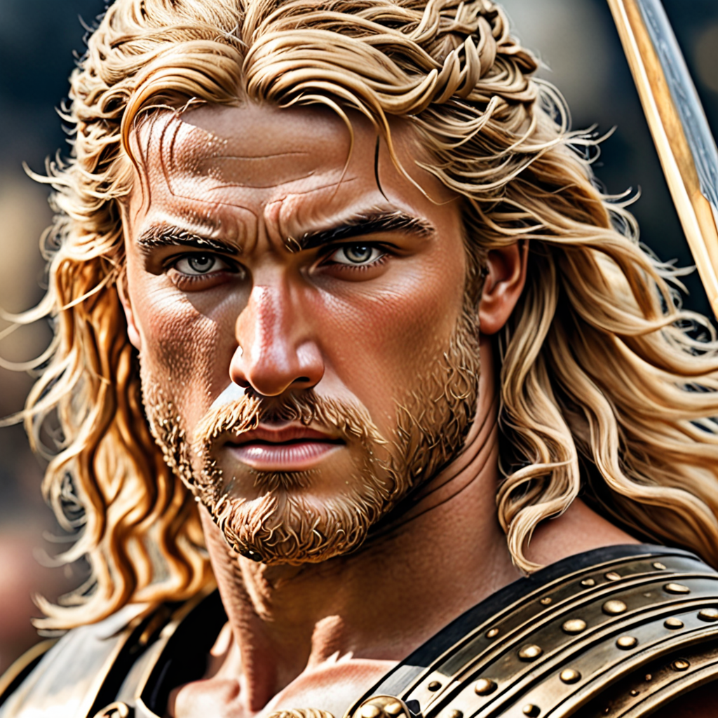 a close up realistic picture of blonde long haired ancient Greek ...