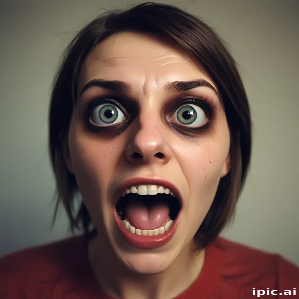 An Expression of Fear: A Woman's Distorted Face in Shock and Terror