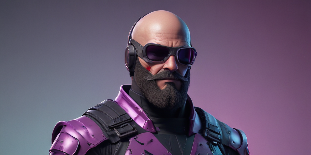 A synthwave knight with a bald head, and beard holding his helmet ...