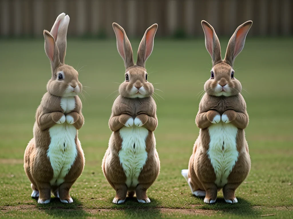 Three Adorable Rabbits Standing Upright on a Lush Green Lawn.