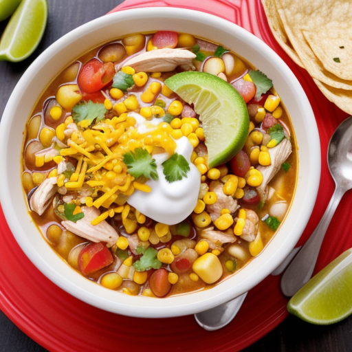 Delicious Chicken Corn Chowder Garnished with Cilantro and Lime Wedges.