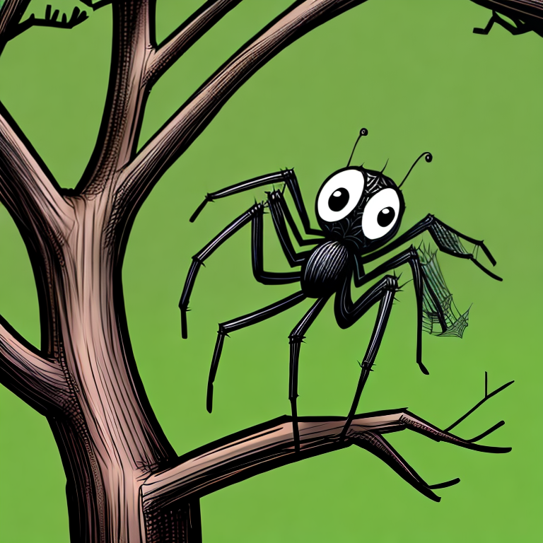 spider crawling up a tree, cartoon style