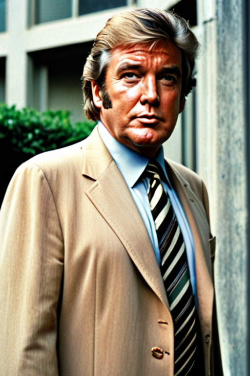 Trump as Columbo with long coat and beige suit and tie with blonde hair