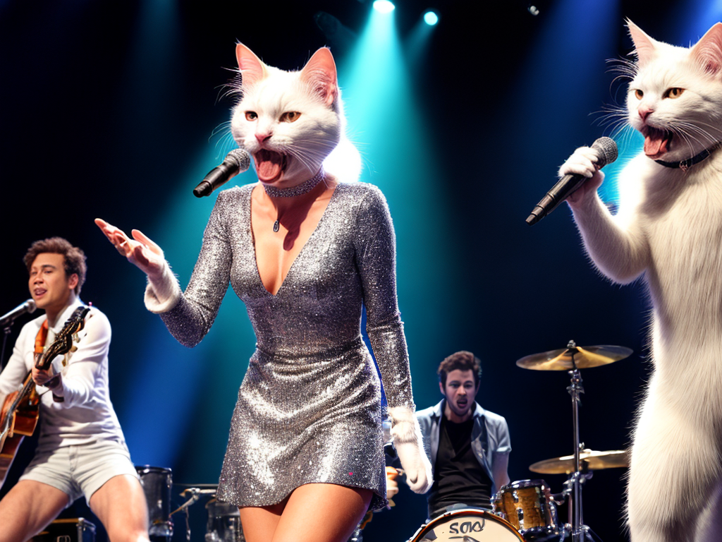 white cat singing on stage with a microphone, rock band in background