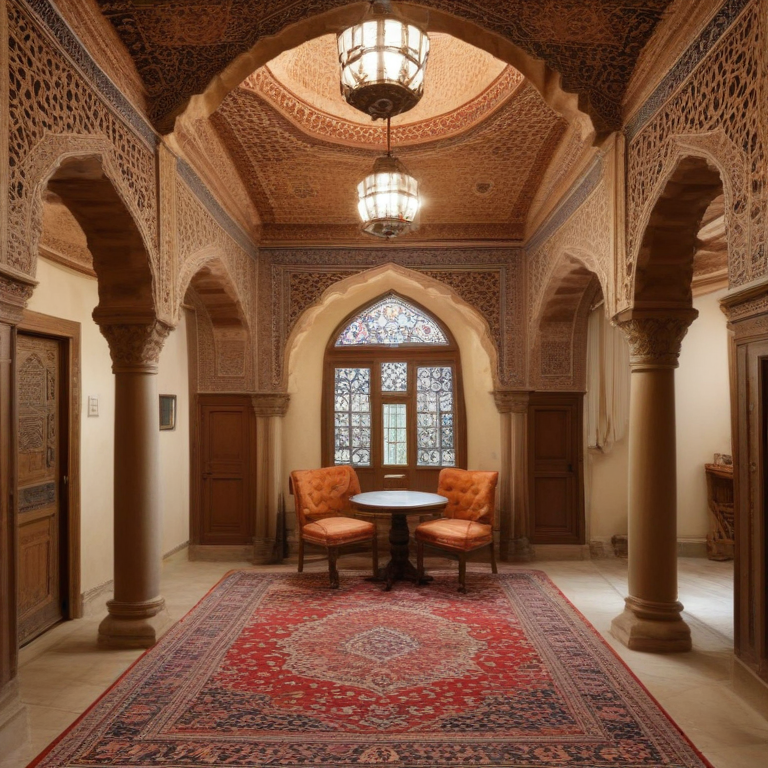 I want a traditional Iranian house vector with interior and exterior view