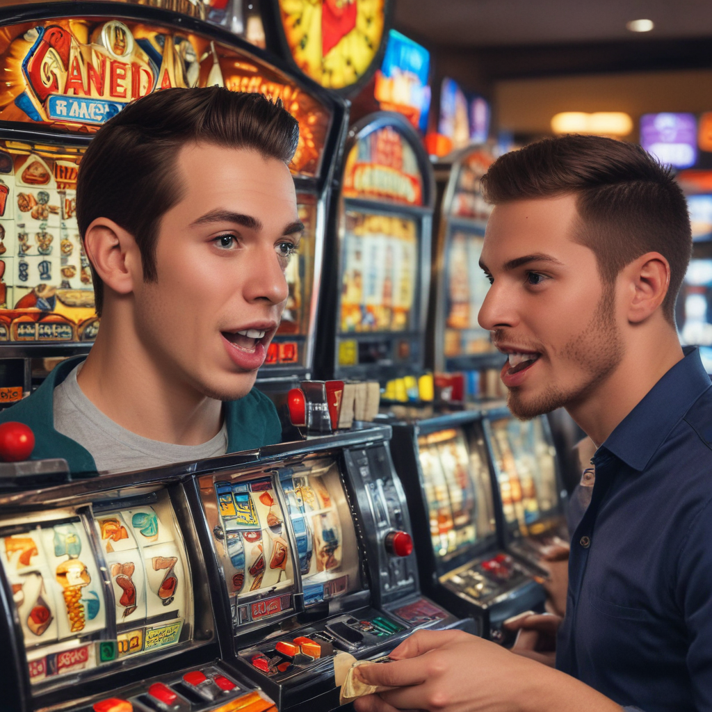 Two guys win jackpot at slot machine while eating snacks