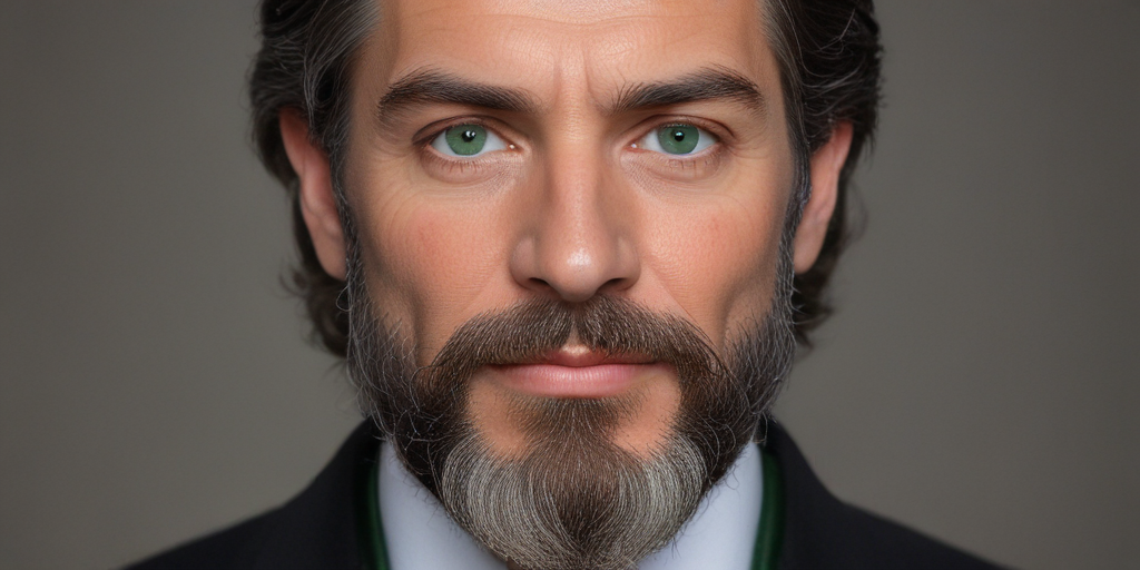 Masculine Elder Tudor Duke, black greying hair & beard green eyes