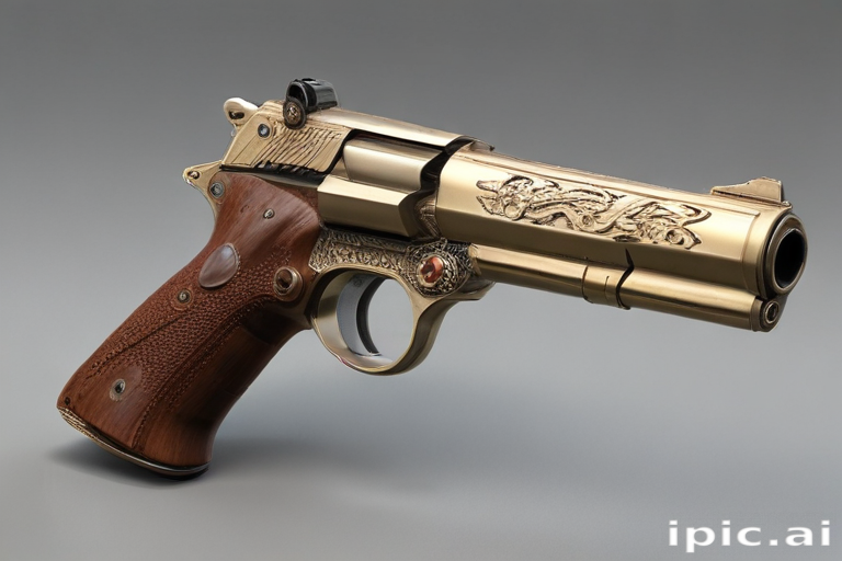 Elegant Gold-Plated Handgun with Intricate Designs and Wooden Grip
