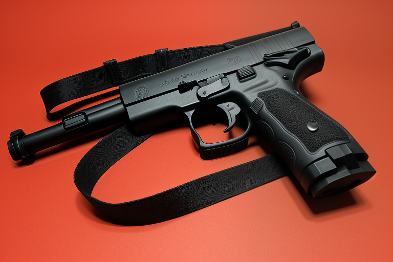 Stylized Black Handgun on a Bold Red Background with Sling Attachment