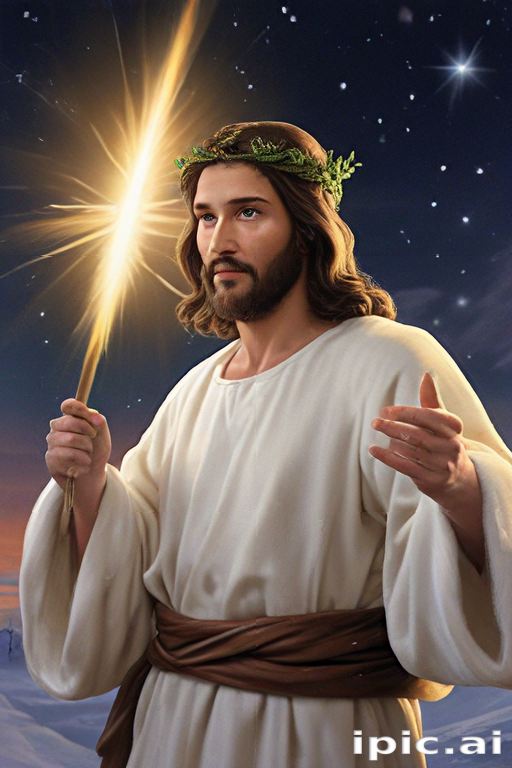 Divine Figure Holding a Radiant Staff Beneath a Starry Night Sky