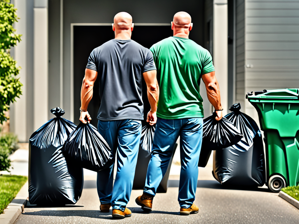 realistic handsome bald muscular garbagemen from behind carrying black ...