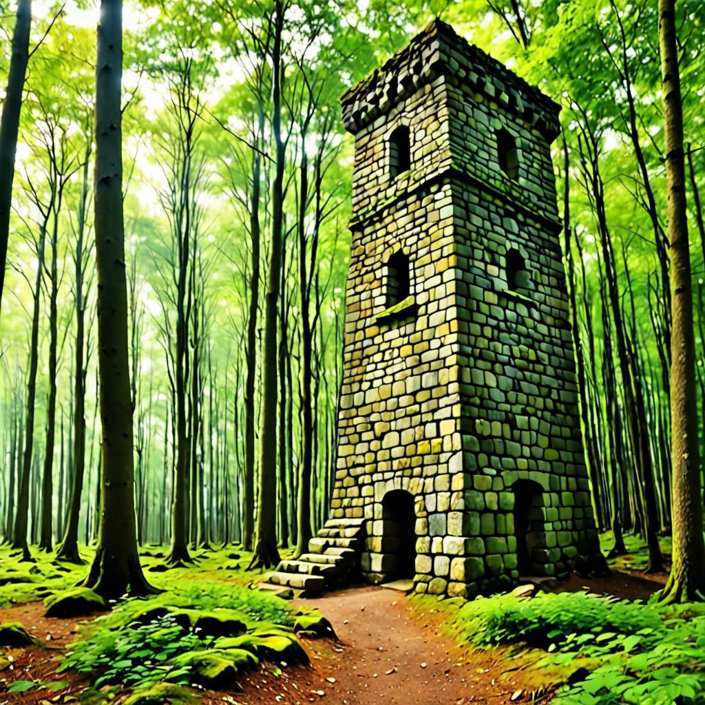 archaic mysterious stone tower deep forest