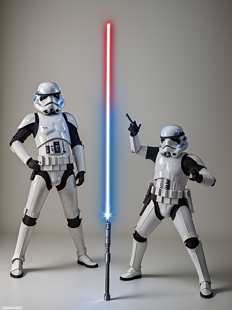 Two Stormtroopers Show Off Their Colorful Lightsaber in a Fun Pose
