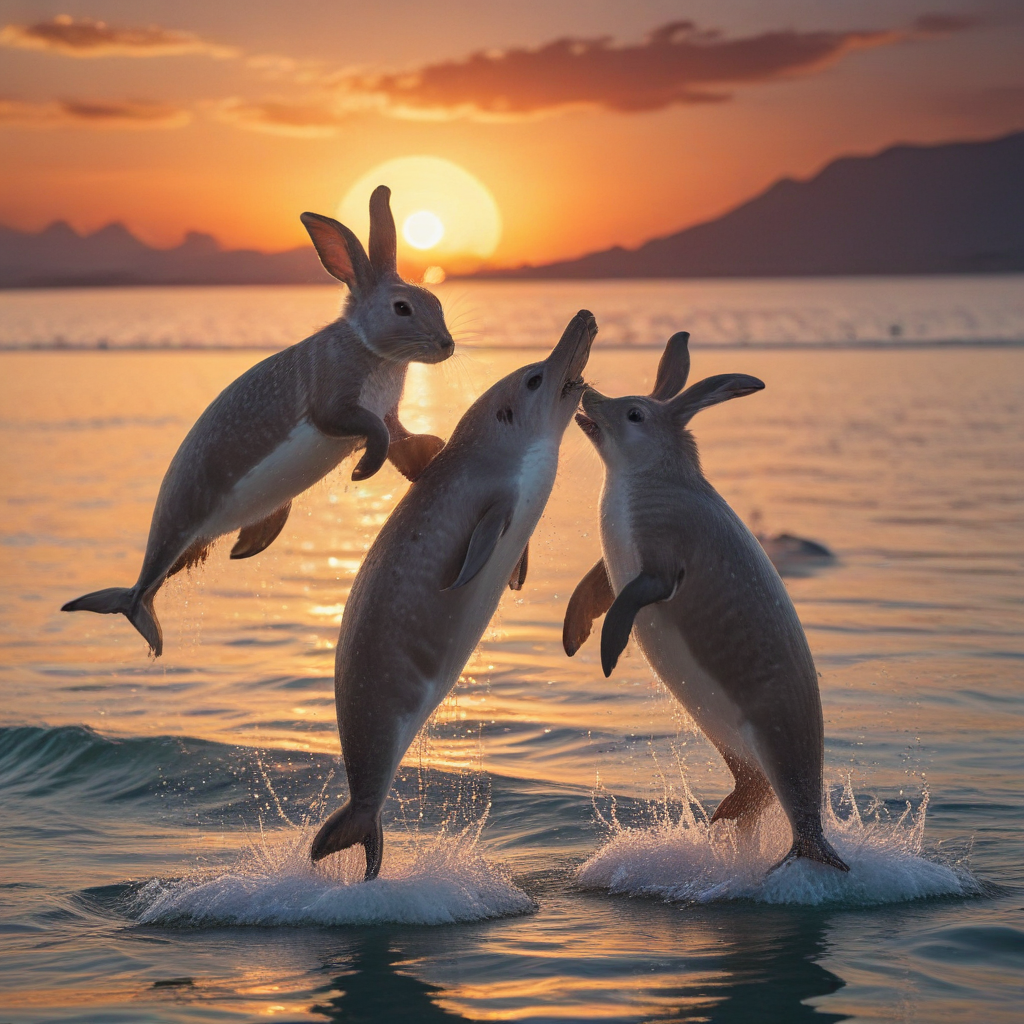 two funny rabbits fighting over a carrot while a dolphin jumps over ...