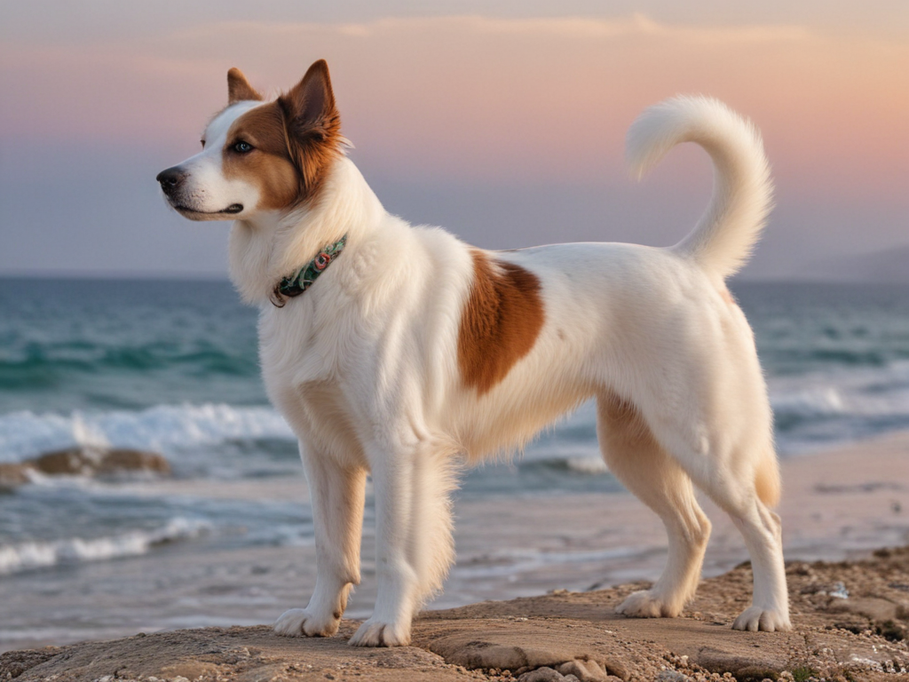 A Majestic Dog Standing Proudly by the Serene Ocean Shoreline.
