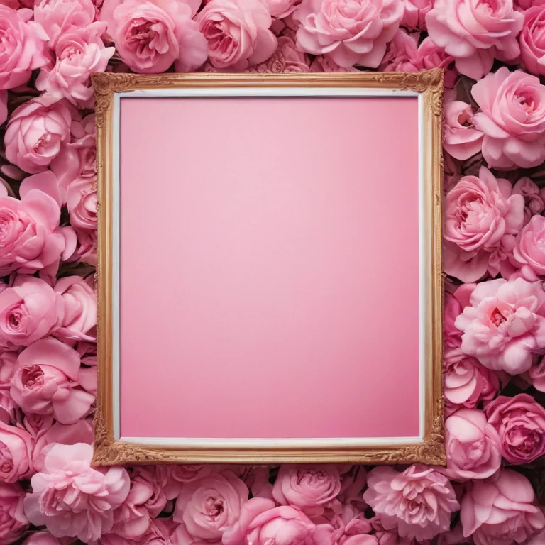 Elegant Picture Frame Surrounded by Lush Pink Roses on a Soft Background