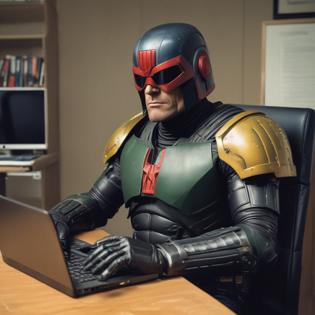 Judge Dredd sitting at a computer