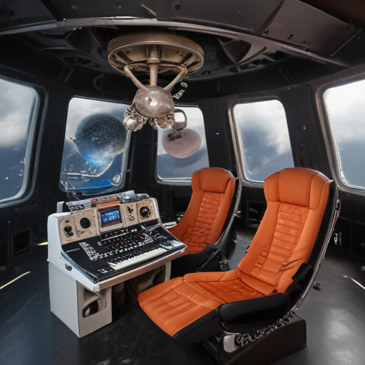 inside Atlantis Space Shuttle, 2 chairs left and right, synthesizers as ...