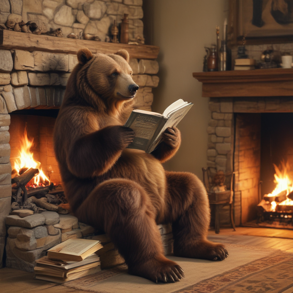 Painting of a Bear reading a book sitting by a fireplace