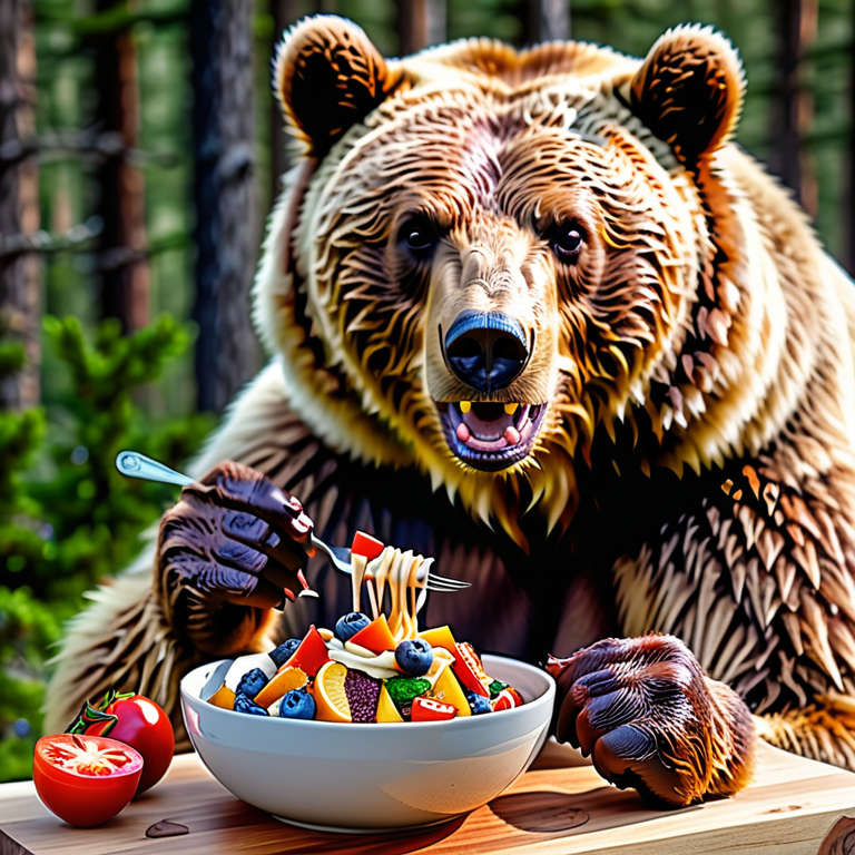 Bear Enjoying a Colorful Salad Surrounded by Nature's Beauty and Fresh ...