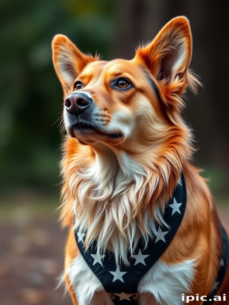 A Majestic Dog with Shining Coat and Star-Patterned Harness in Nature.