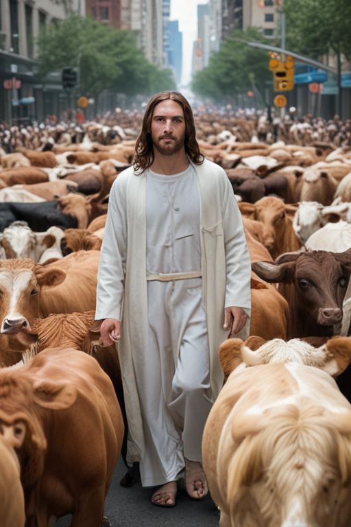 Jesus Christ leading millions of cows through new york city streets in ...