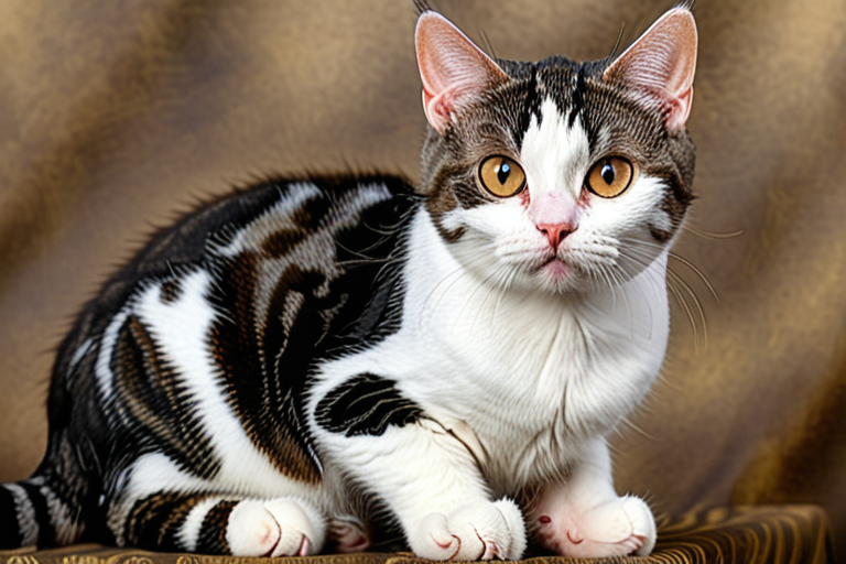 A Beautifully Patterned Cat Posing Elegantly Against a Golden Background.