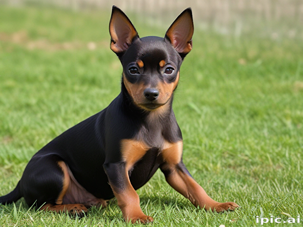 A Playful Miniature Dog Sitting on Green Grass in the Sunlight